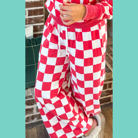 Red Wide Leg Checkered Joggers – BleacherBLING